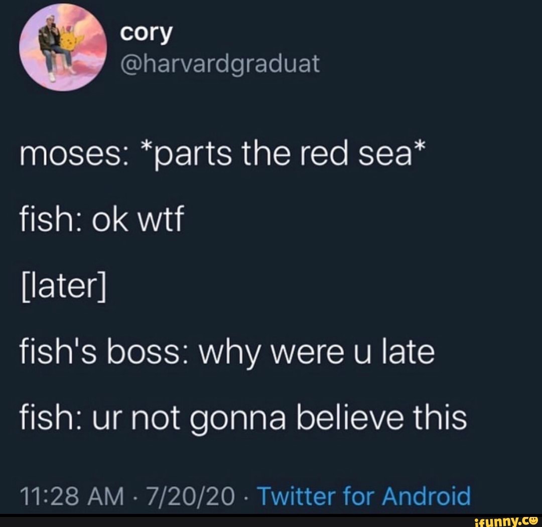 E cory @harvardgraduat moses: *parts the red sea* [later] fish's boss ...