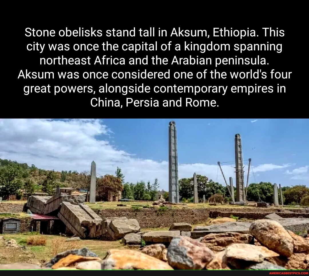 Stone obelisks stand tall in Aksum, Ethiopia. This city was once the ...