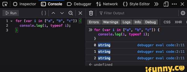 Inspector Console Debugger Network StyleEditor D Run QI Triter output for (var in for (var in '1 ...