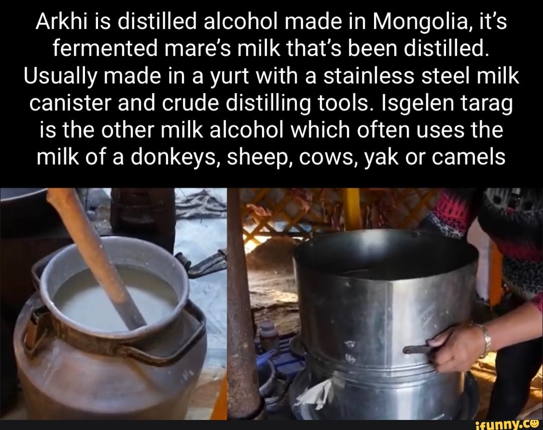 Arkhi is distilled alcohol made in Mongolia, it's fermented mare's milk ...