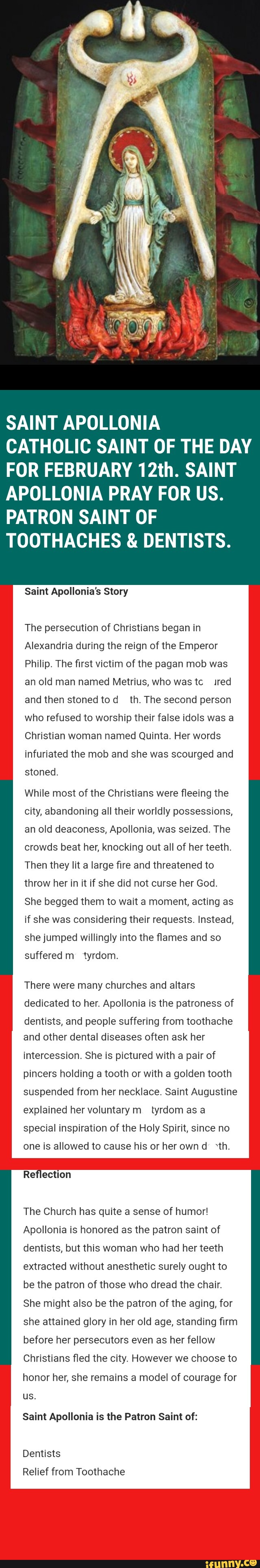 SAINT APOLLONIA CATHOLIC SAINT OF THE DAY FOR FEBRUARY 12th. SAINT ...