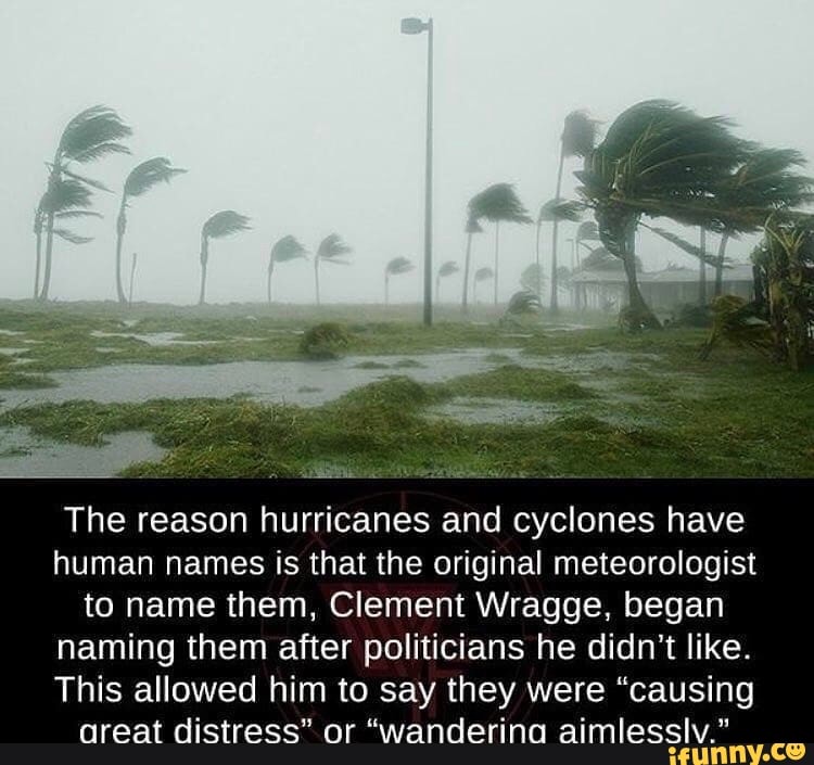 The reason hurricanes and cyclones have human names is that the original meteorologist to name ...