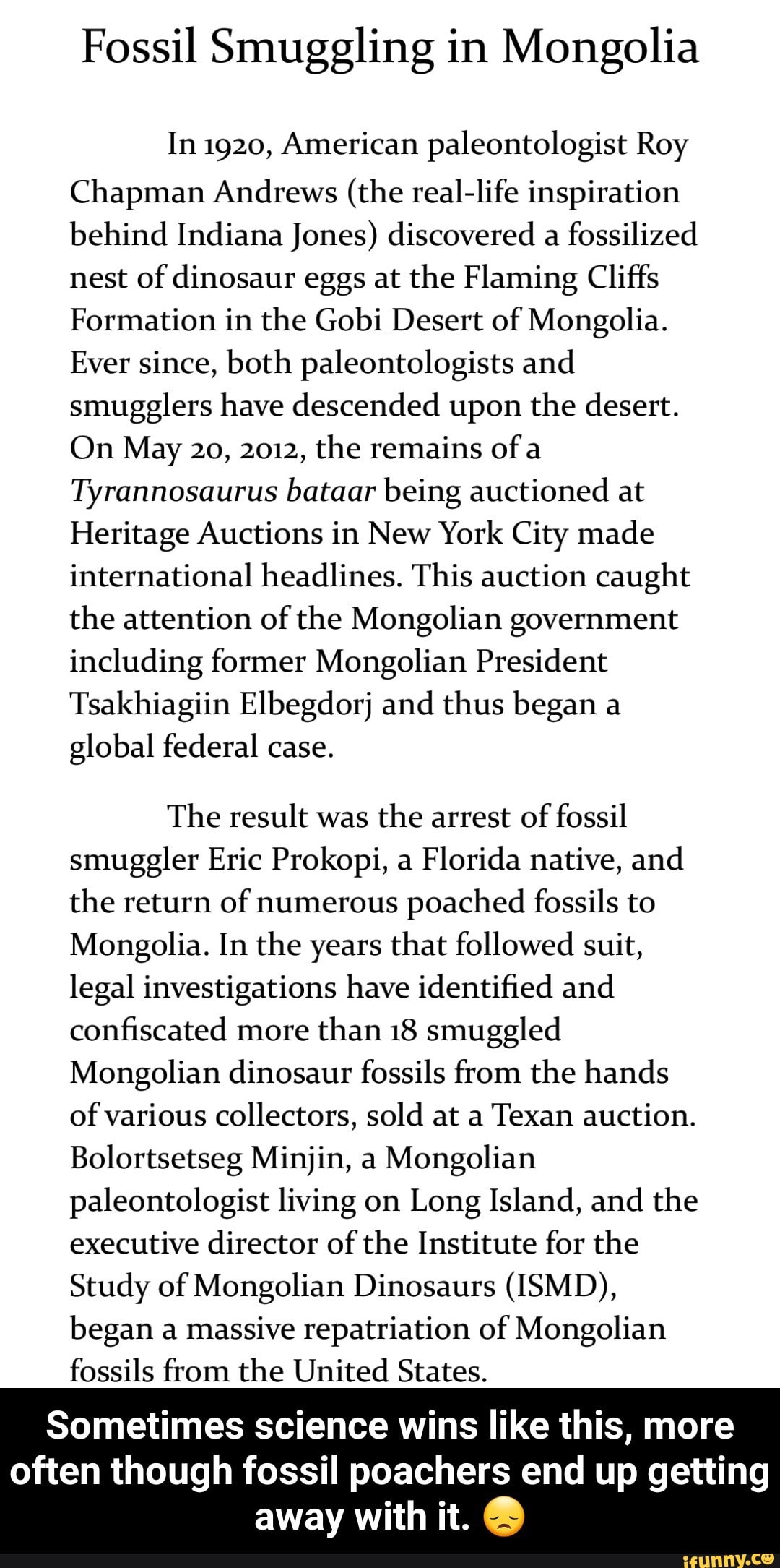 Fossil Smuggling in Mongolia In 1920, American paleontologist Roy ...