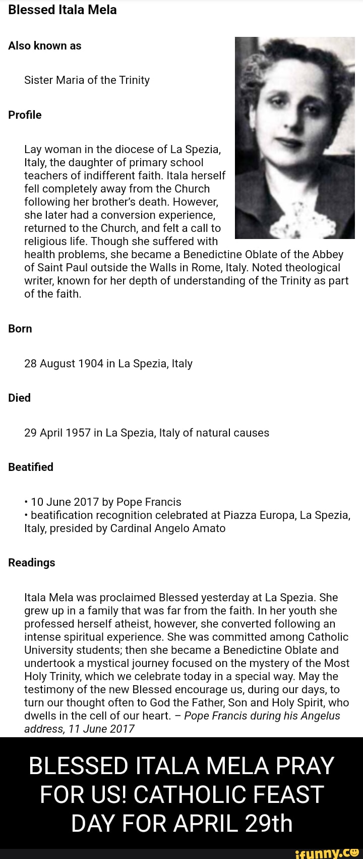 Blessed Itala Mela Also known as Sister Maria of the Trinity Profile ...
