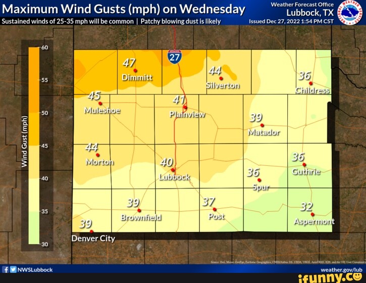 Maximum Wind Gusts (mph) on Wednesday uubbock, TX Sustained winds of 25 ...