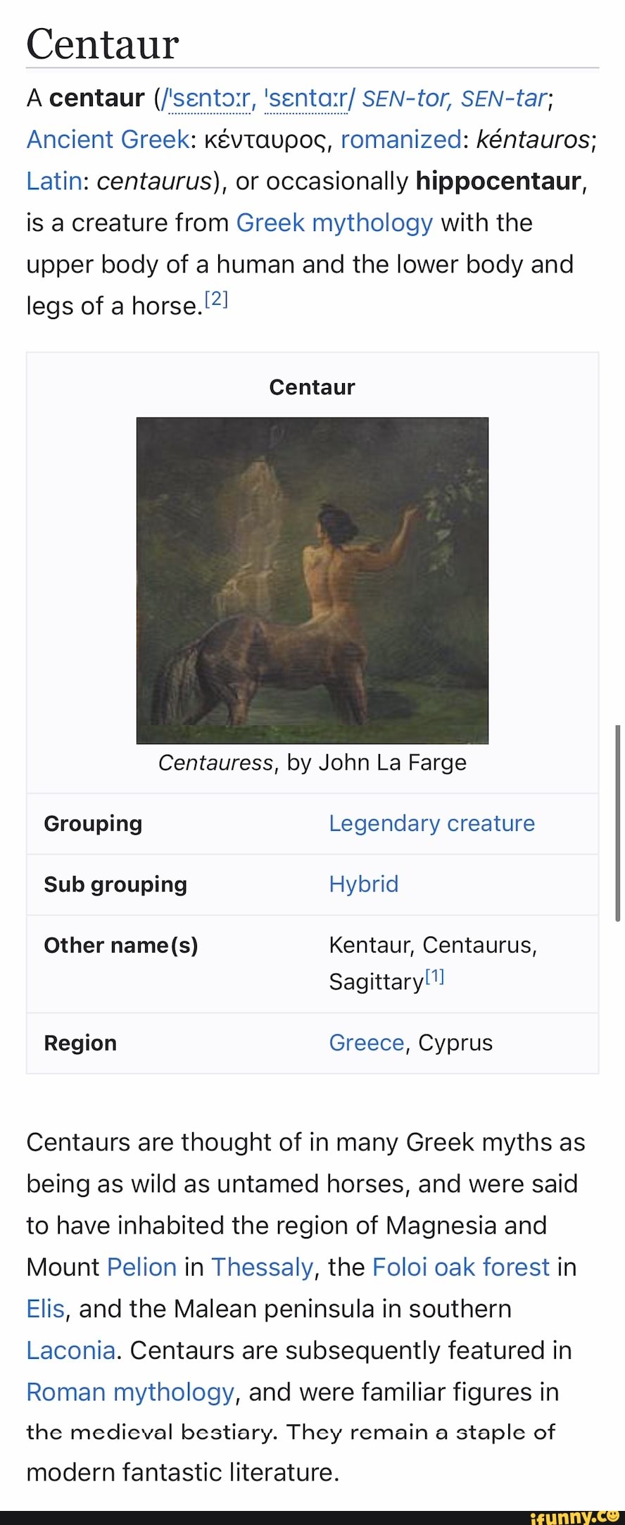 Centaur A centaur SEN-tor, SEN-tar; Ancient Greek: kvtaupoc, romanized ...
