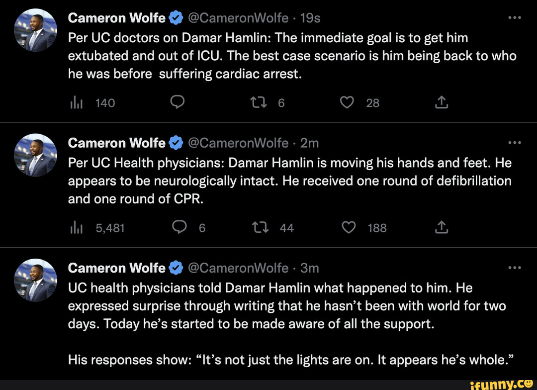 Cameron Wolfe @ @CameronWolfe - Per UC doctors on Damar Hamlin: The ...