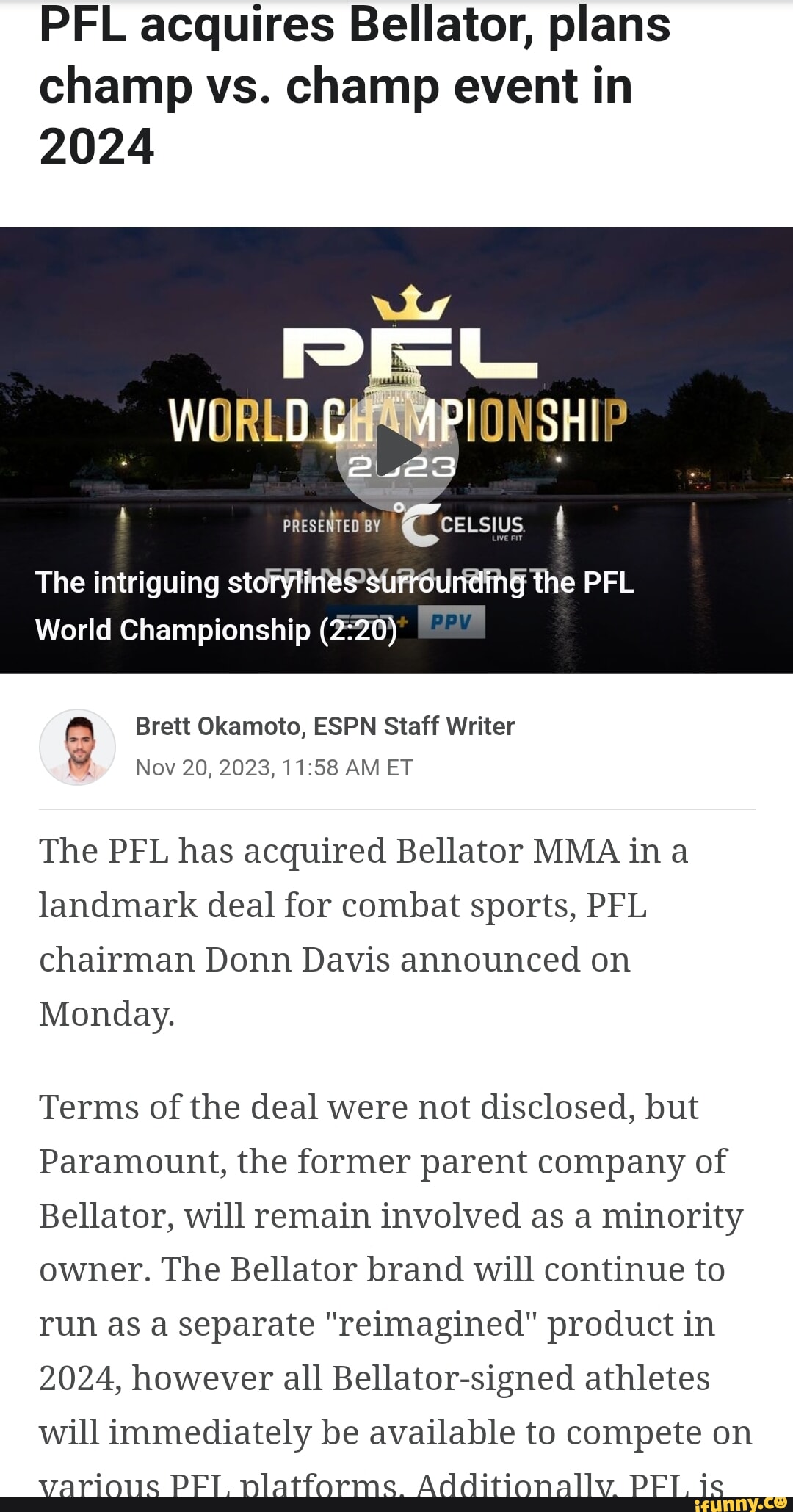 PFL acquires Bellator, plans champ vs. champ event in 2024 Wi DC. 2523 ...