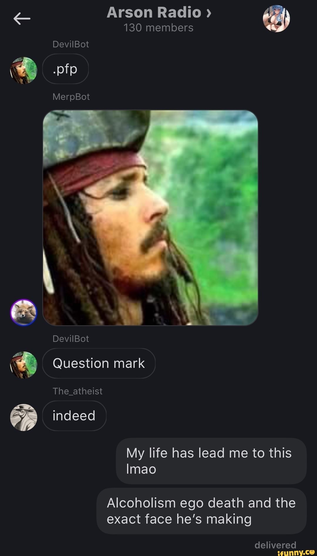 Arson Radio " 130 members DevilBot .pfp MerpBot DevilBot Question mark ...