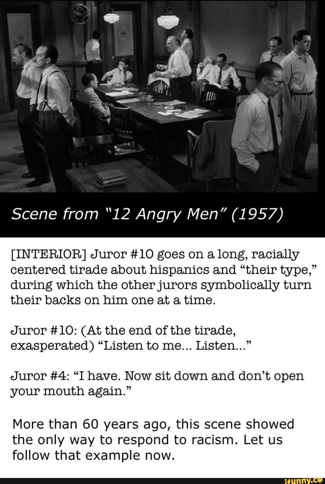 Scene from “12 Angry Men” (1957) [INTERIOR] Juror #10 goes on a long ...