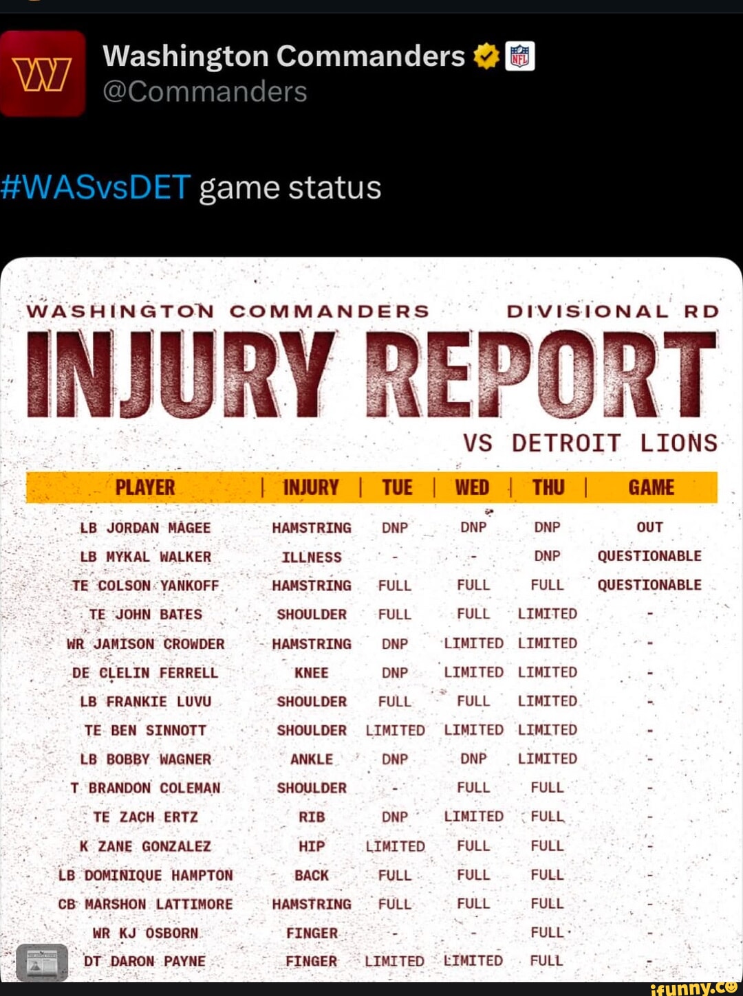 Washington Commanders % @Commanders #WASvsD ET game status WA SHING ...