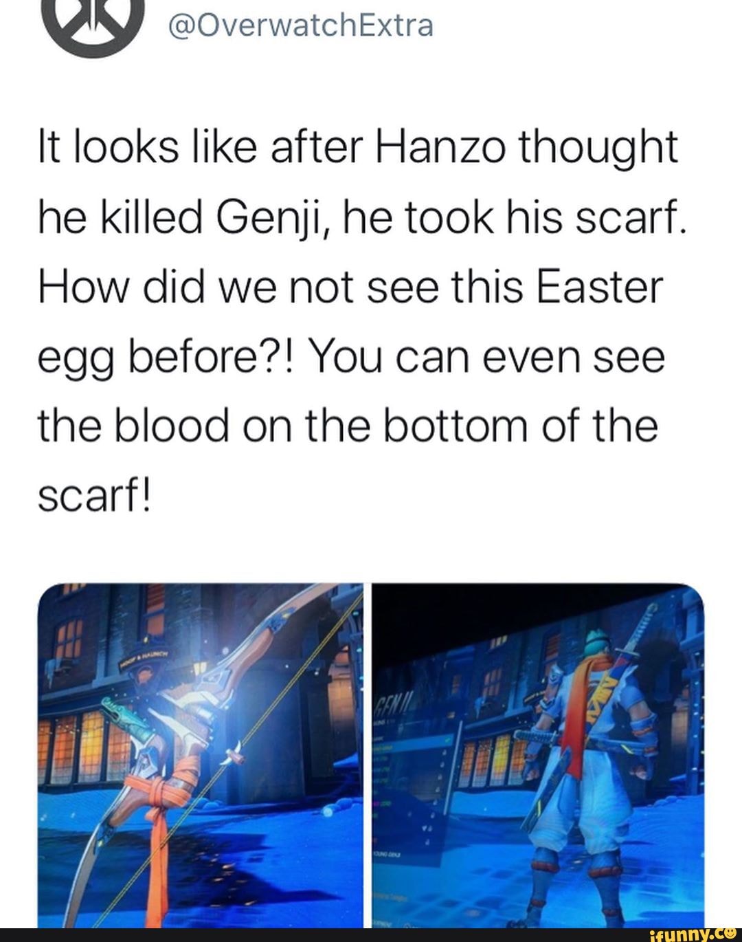 It looks like after Hanzo thought he killed Genji, he took his scarf ...