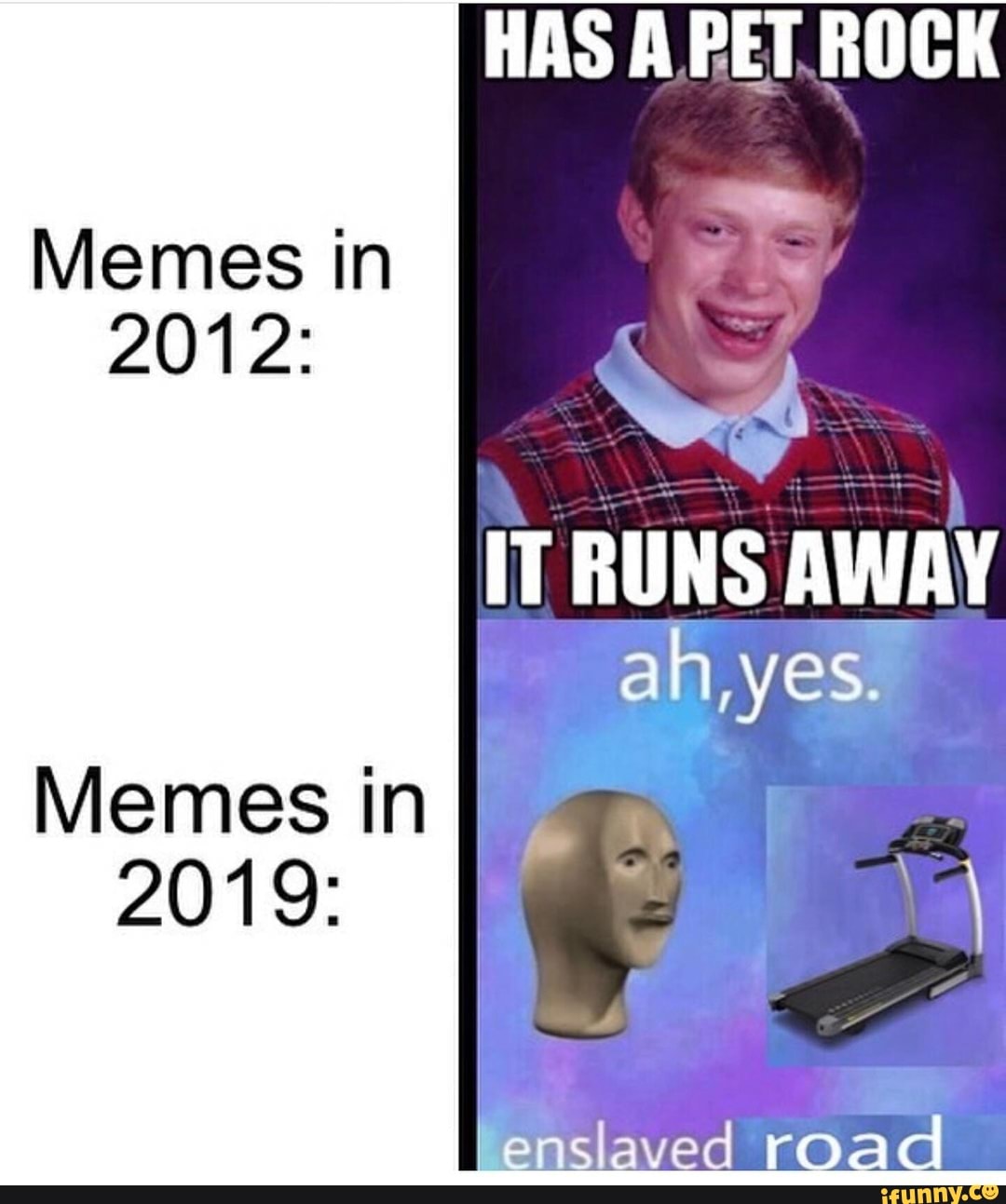 HAS A PET ROCK Memes in 2012: Memes in 2019: IT RUNS AWAY ah yes aved ...