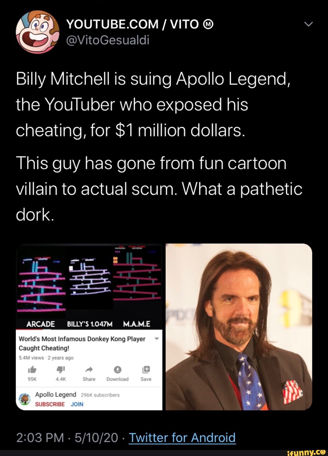 Billy Mitchell is suing Apollo Legend, the YouTuber who exposed his ...