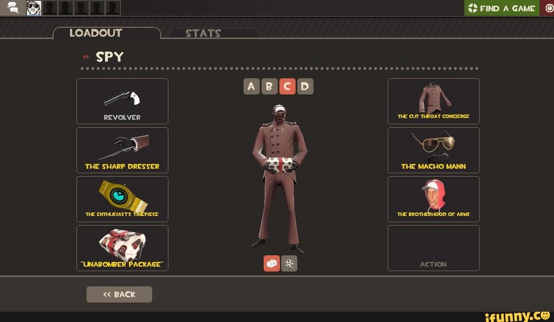 FIND A Game I LOADOUT STATS " SPY REVOLVER Gur THE SHARP DRESSER MACHO ...