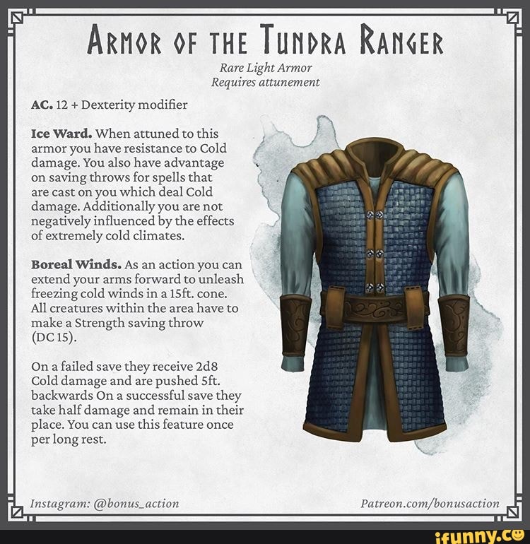 ARMOR OF THE TUNDRA RANGER Rare Light Armor Requires attunement AC. 12 ...