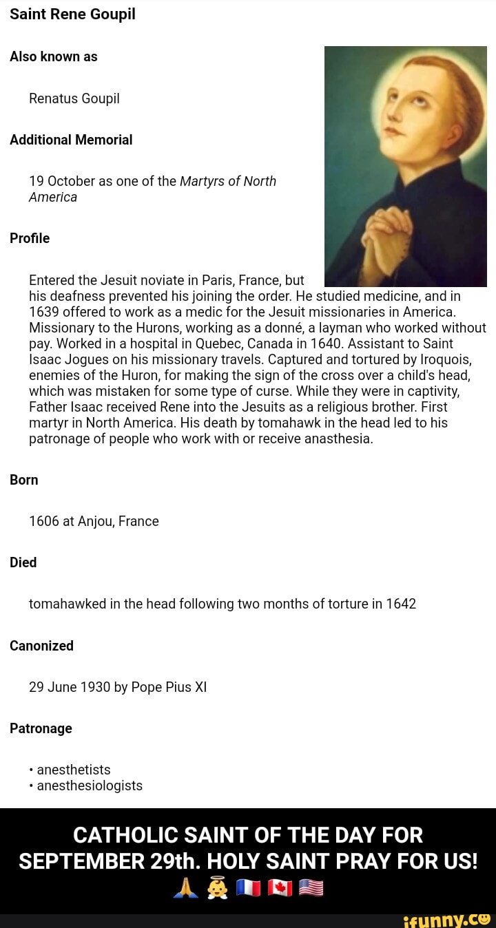 Saint Rene Goupil Also known as Renatus Goupil Additional Memorial 19 ...