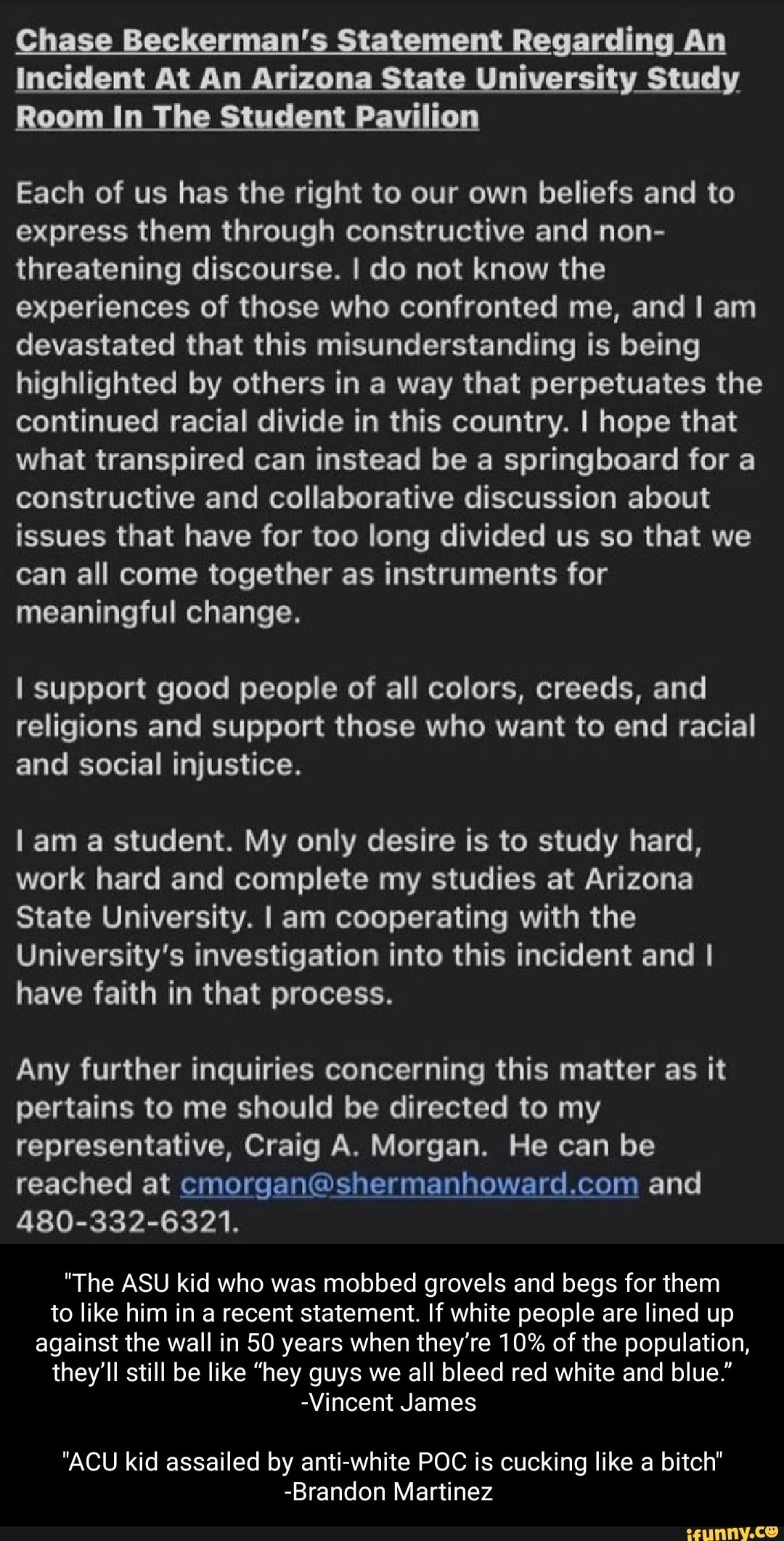 Chase Beckerman''s Statement Regarding An Incident At An Arizona State ...