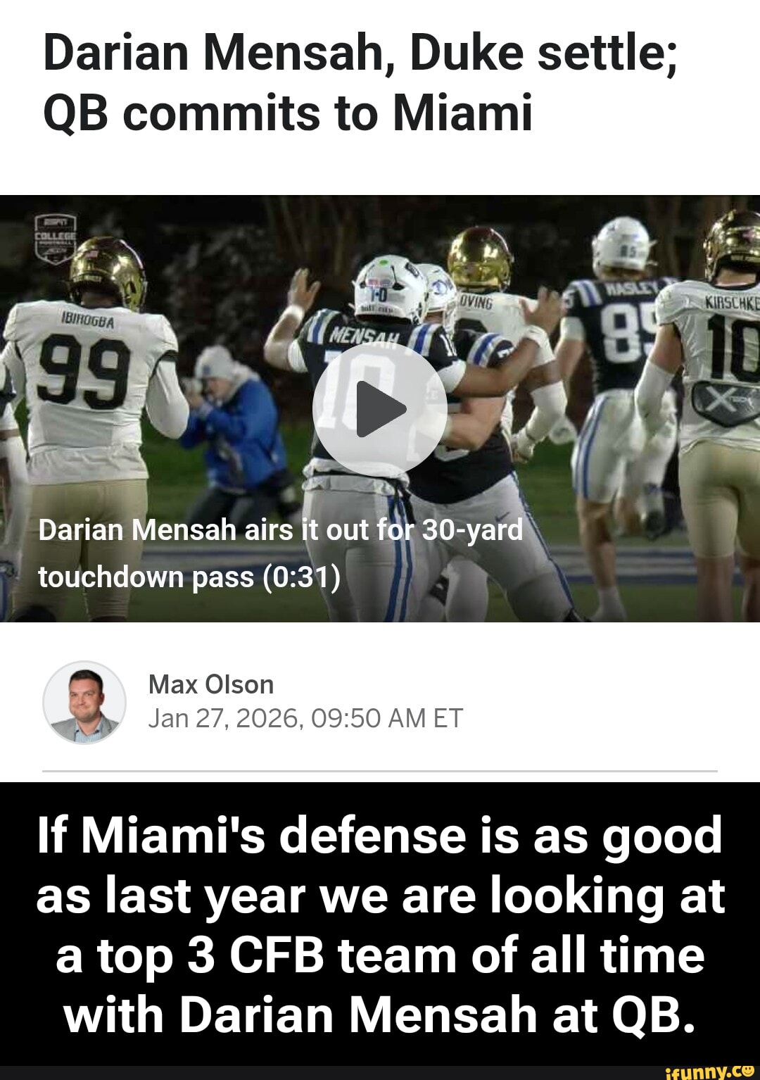 Darian Mensah, Duke settle; QB commits to Miami Darian Mensah airs out ...