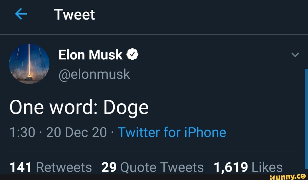 Tweet Elon Musk @ @elonmusk One word: Doge 20 Dec 20 Twitter for iPhone ...