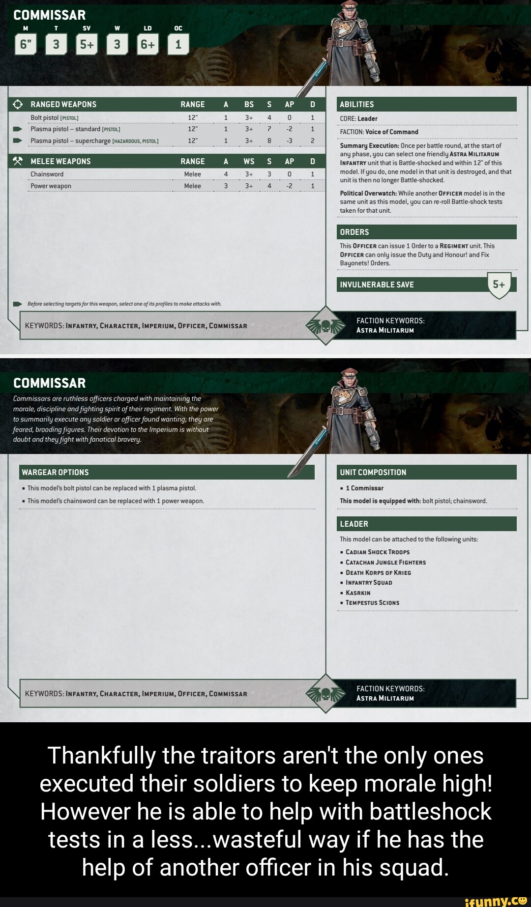 COMMISSAR RANGED WEAPONS Bolt pistol fersra.} 1 CORE: Leader MELEE ...