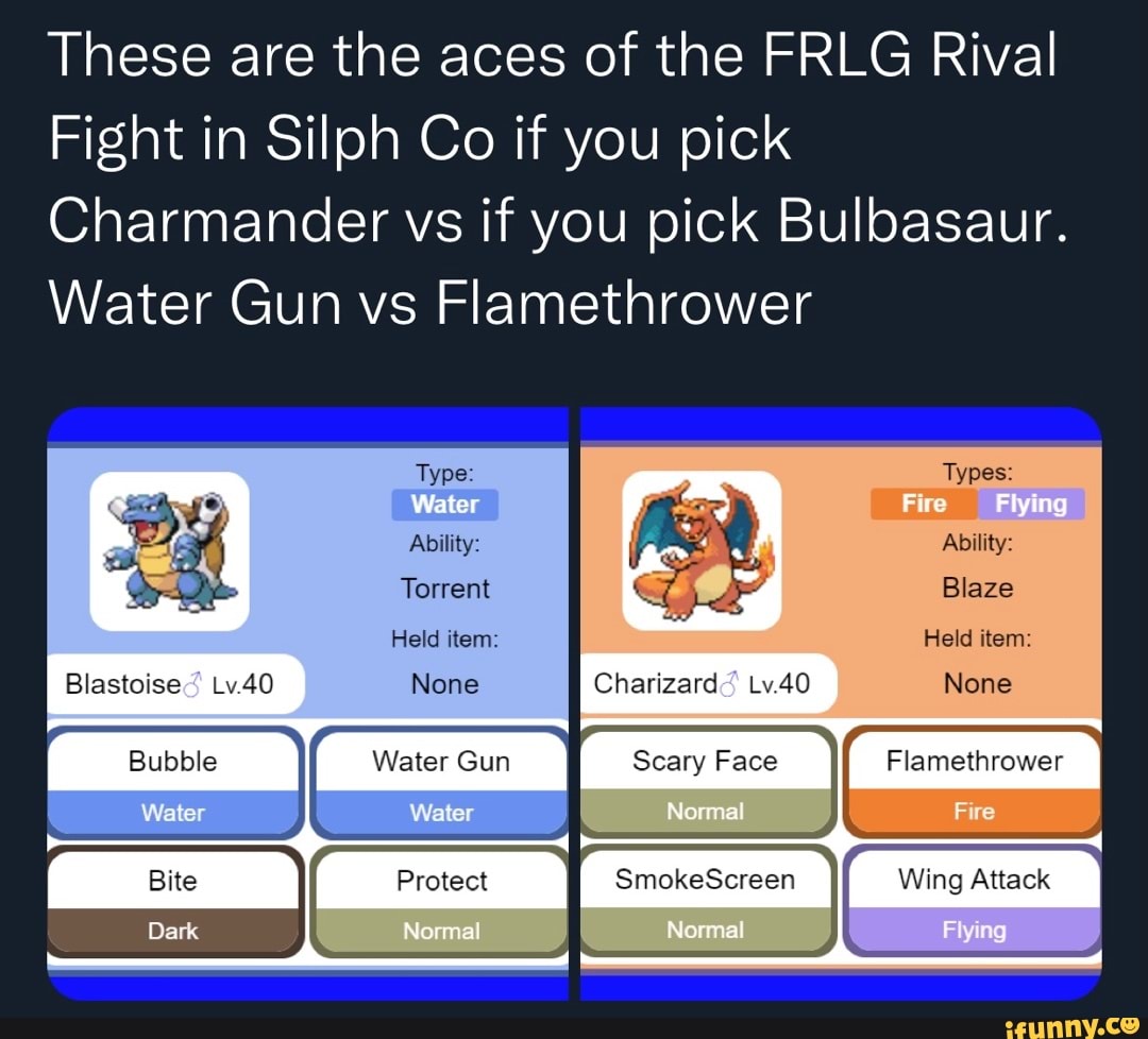 These are the aces of the FRLG Rival Fight in Silph Co if you pick Charmander vs if you pick ...