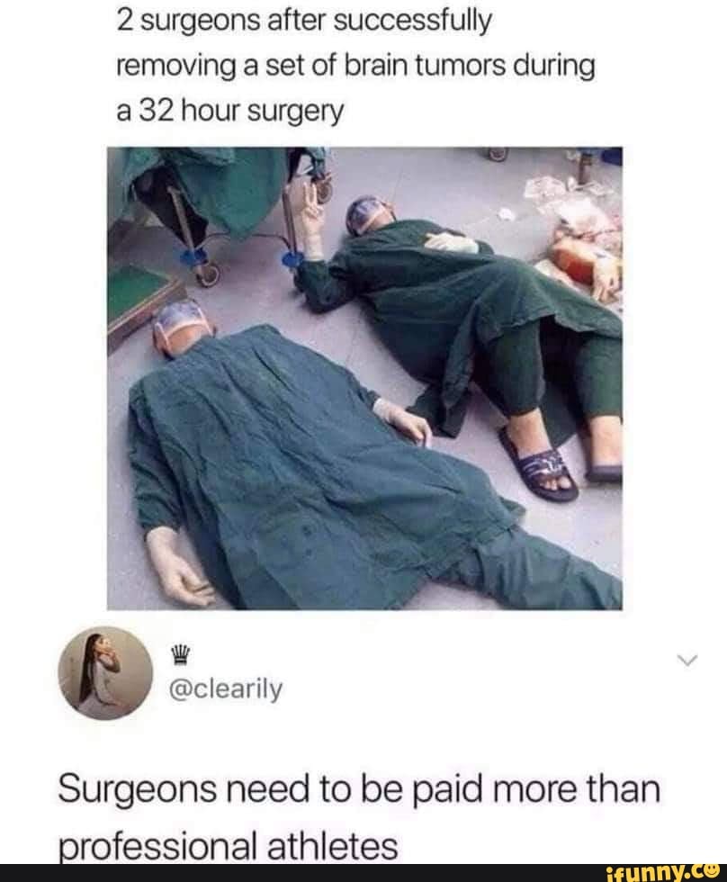 2 surgeons after successfully removing a set of brain tumors during a ...