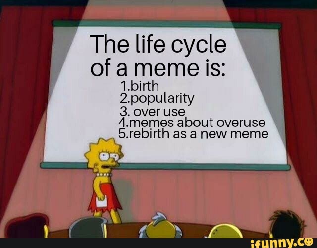 The life cycle of ameme is: 1.birth 2.popularity 3. over use 4.memes ...