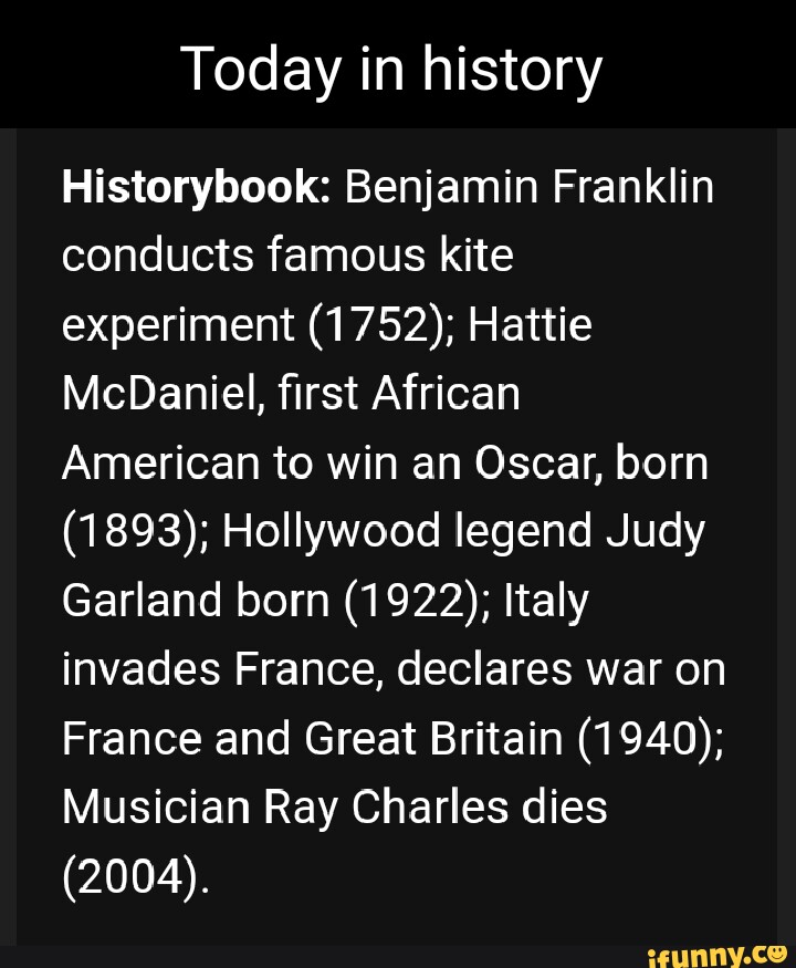 Today in history Historybook: Benjamin Franklin conducts famous kite ...