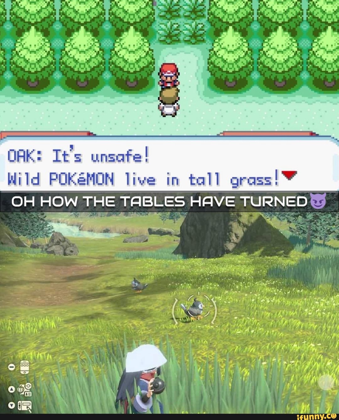 OAK: It's unsafe! Wild POKEMON live in tall grass!* OH HOW THE TABLES ...