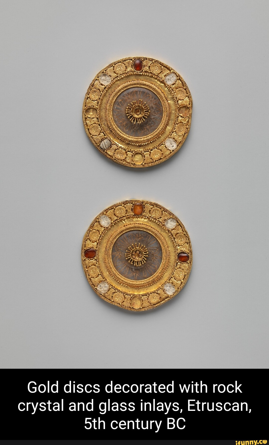 Gold discs decorated with rock crystal and glass inlays, Etruscan ...