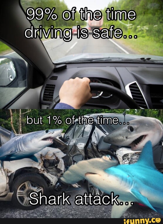 99% the time driving Is safe.. but 1% of the time.. Shark attack ...