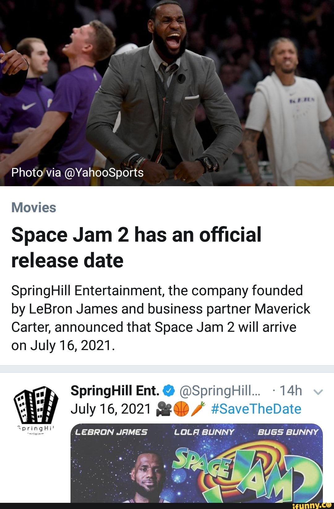 Space Jam 2 has an ofﬁcial release date SpringHilI Entertainment, the ...