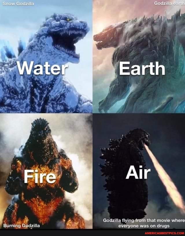 Godzilla Water Earth Fire Air Godzilla flyingfrom that movie where ...