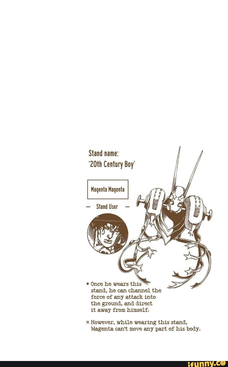 Stand name: '20th Century Boy' - Stand User - Once he wears this stand ...