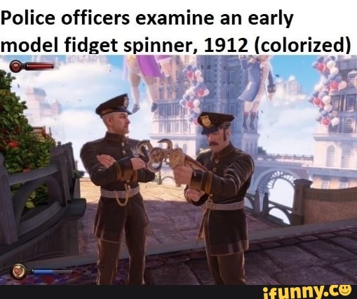 Police officers examine an early model fidget spinner, 1912 (colorized ...
