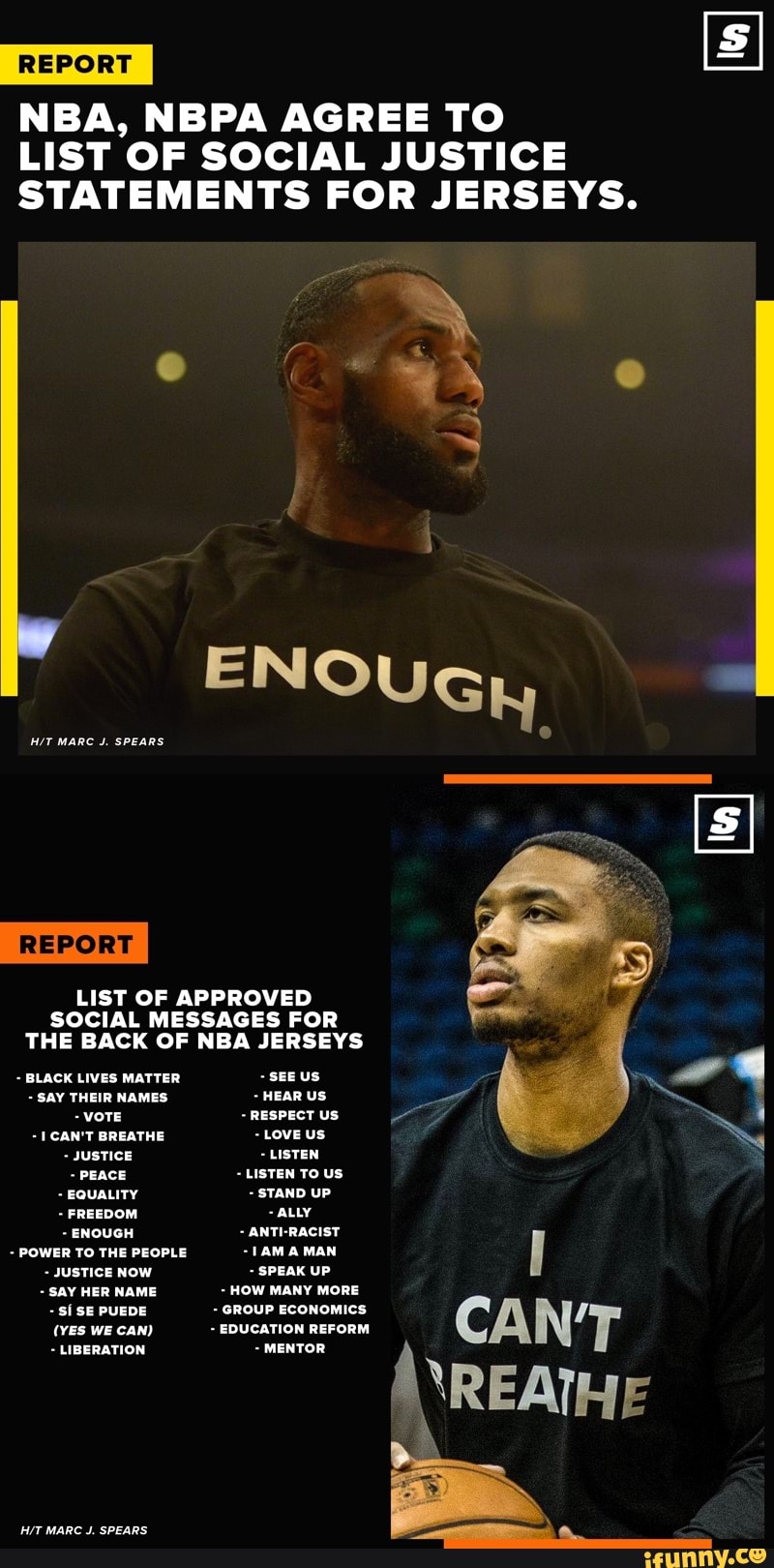 REPORT NBA, NBPA AGREE TO LIST OF SOCIAL JUSTICE STATEMENTS FOR JERSEYS ...