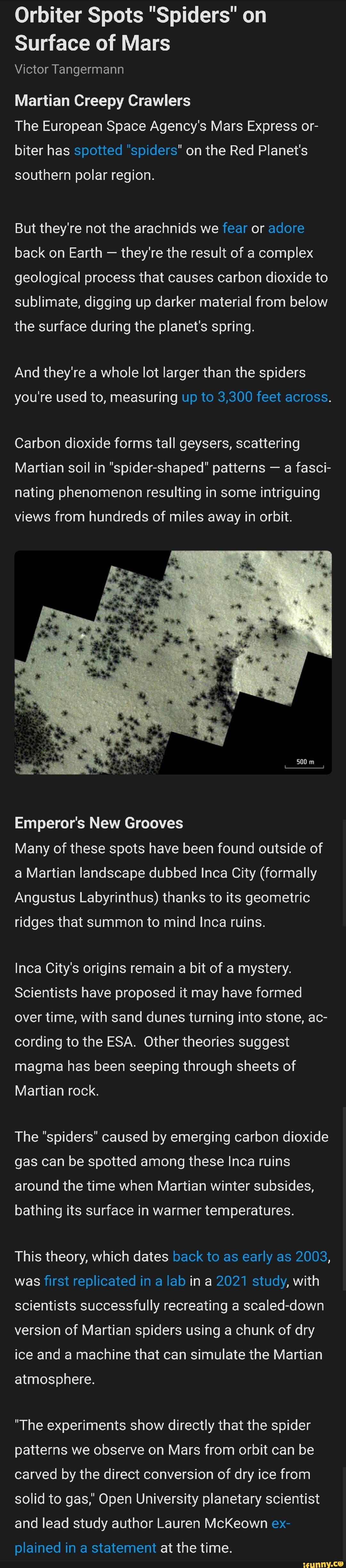 Orbiter Spots "Spiders" on Surface of Mars Victor Tangermann Martian ...