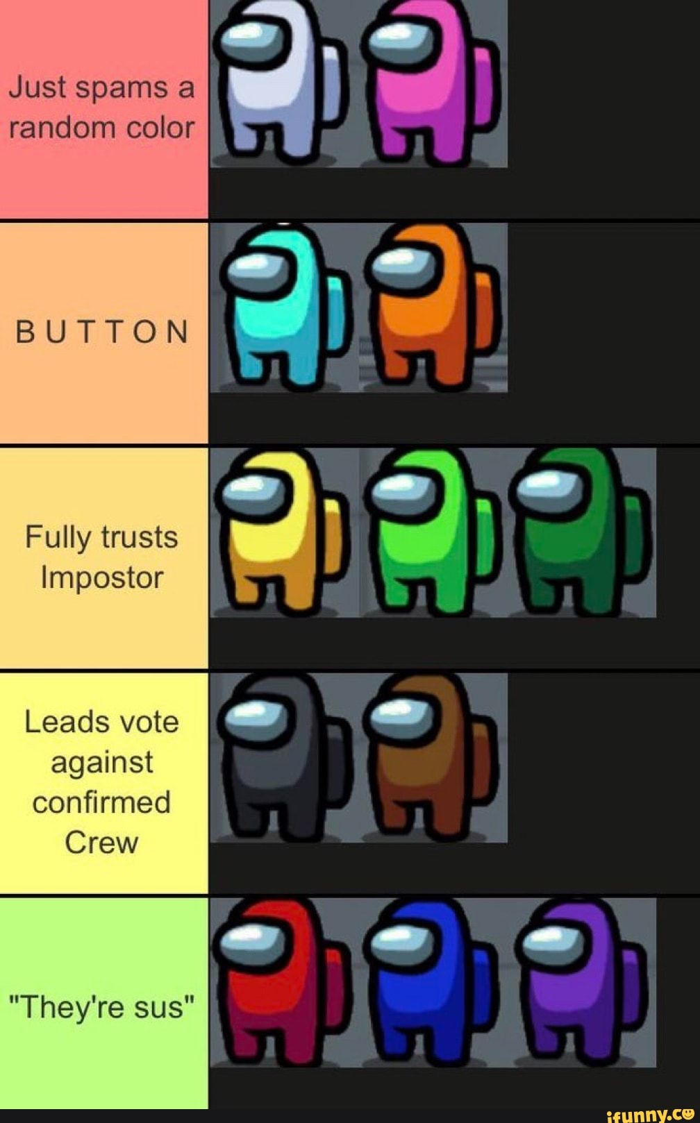 Just spams a III random color BUTTON Fully trusts Impostor Leads vote ...