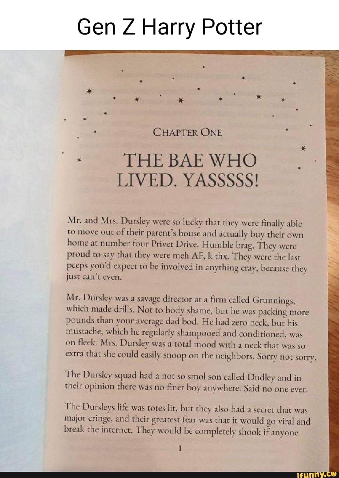 Gen Z Harry Potter CHAPTER ONE THE BAE WHO LIVED. YASSSSS! Mr. and Mrs ...