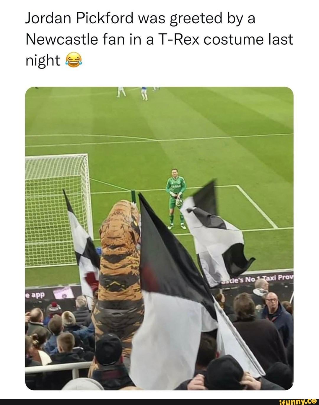 Jordan Pickford was greeted by a Newcastle fan in a T-Rex costume last ...