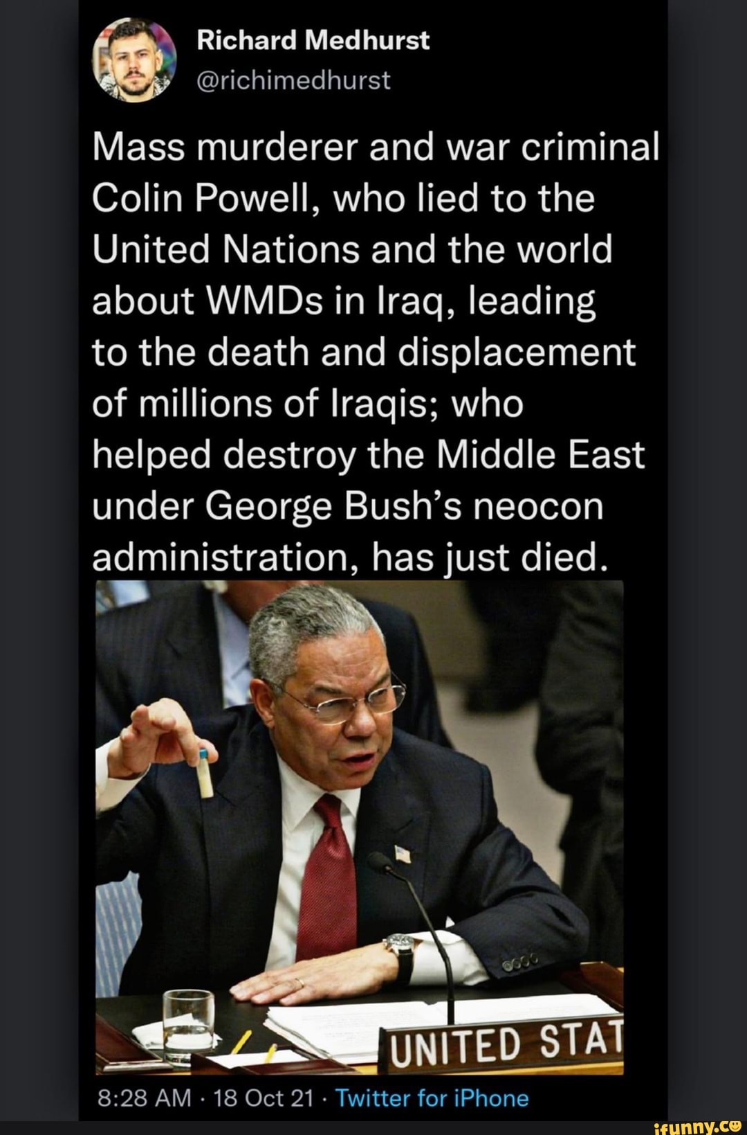 Richard Mledhurst Mass murderer and war criminal Colin Powell, who lied ...