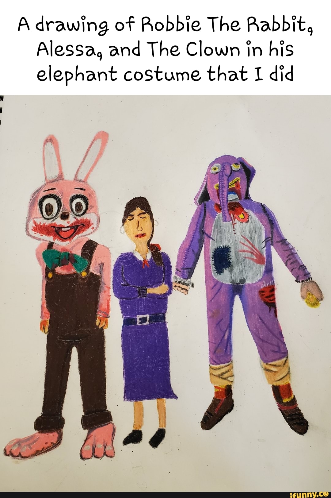 A drawing of Robbie The Rabbit, Alessa, and The Clown in his elephant ...