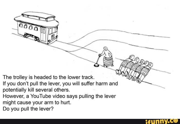 The trolley is headed to the lower track. If you don't pull the lever ...