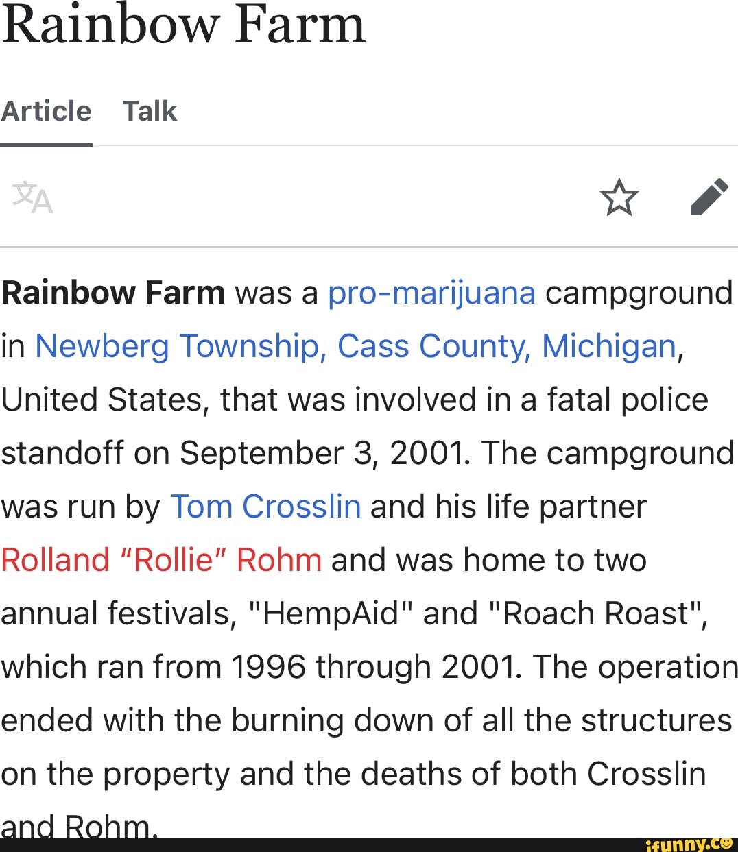 Rainbow Farm Article Talk w OF Rainbow Farm was a pro-marijuana ...