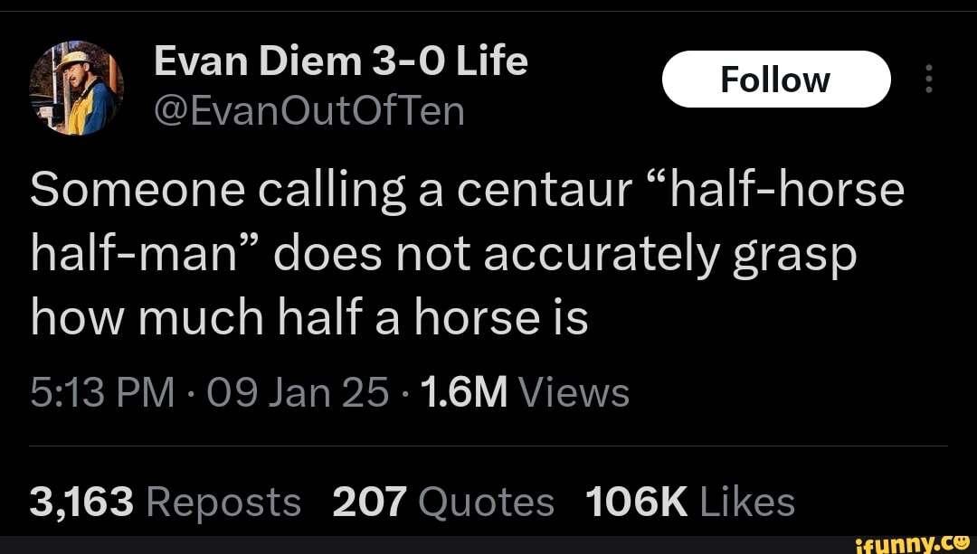 Evan Diem 3-0 Life Follow Someone calling a centaur "half-horse half ...