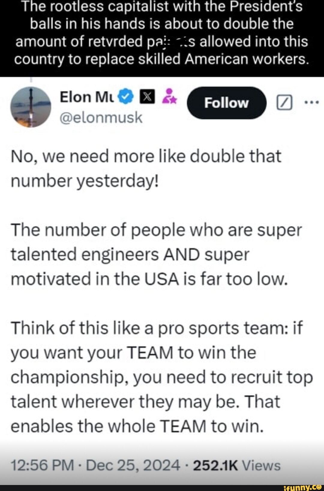 The rootless capitalist with the Presidents balls in his hands is about ...