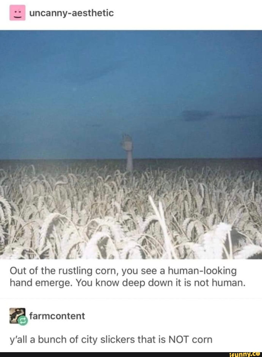 Uncanny-aesthetic Out of the rustling corn, you see a human-looking ...