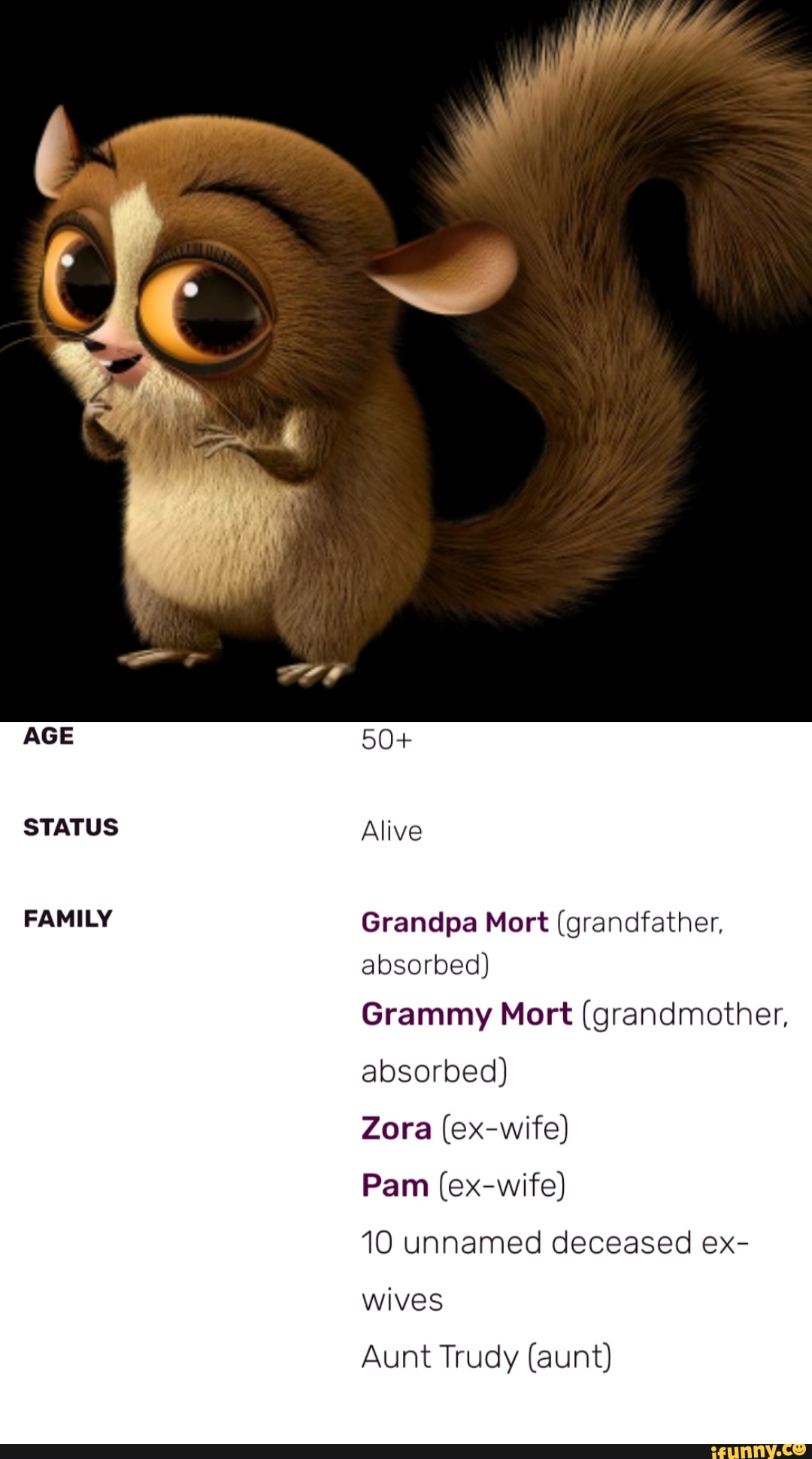 AGE STATUS FAMILY 50+ Alive Grandpa Mort (grandfather, absorbed) Grammy ...