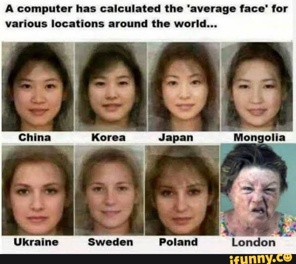 A computer has calculated the 'average face' for various locations ...